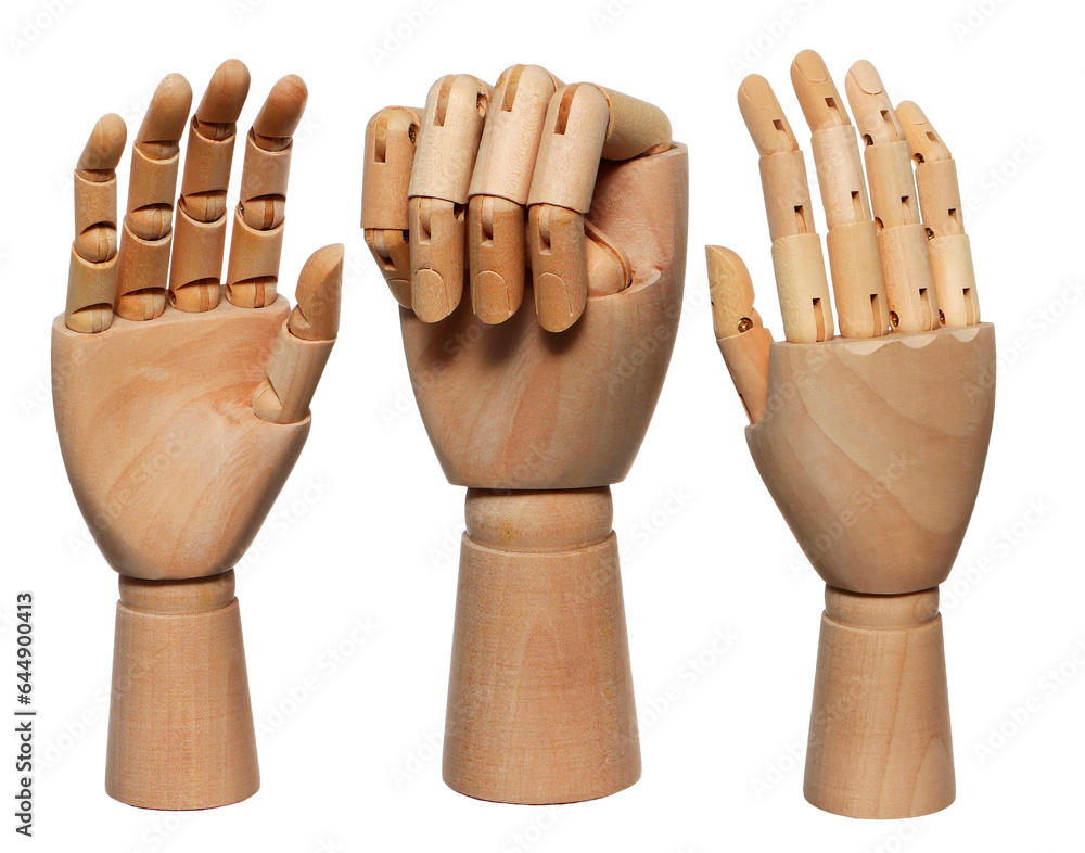Wooden movable mannequin of the hand, isolated on transparent or white ...