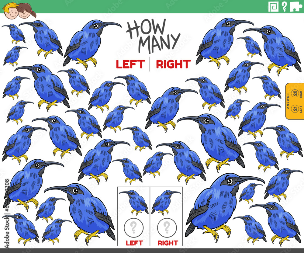 counting left and right pictures of cartoon honeycreeper bird Stock Vector | Adobe Stock