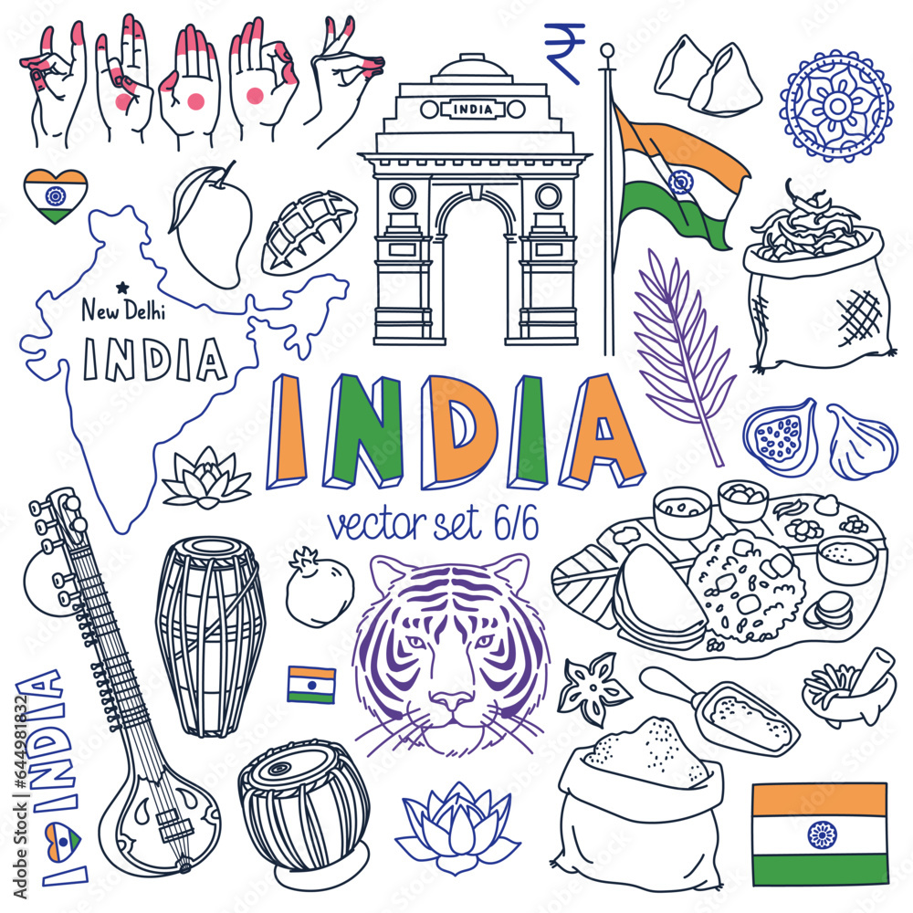 India doodle set. Traditional symbols of Indian culture and Buddhism ...