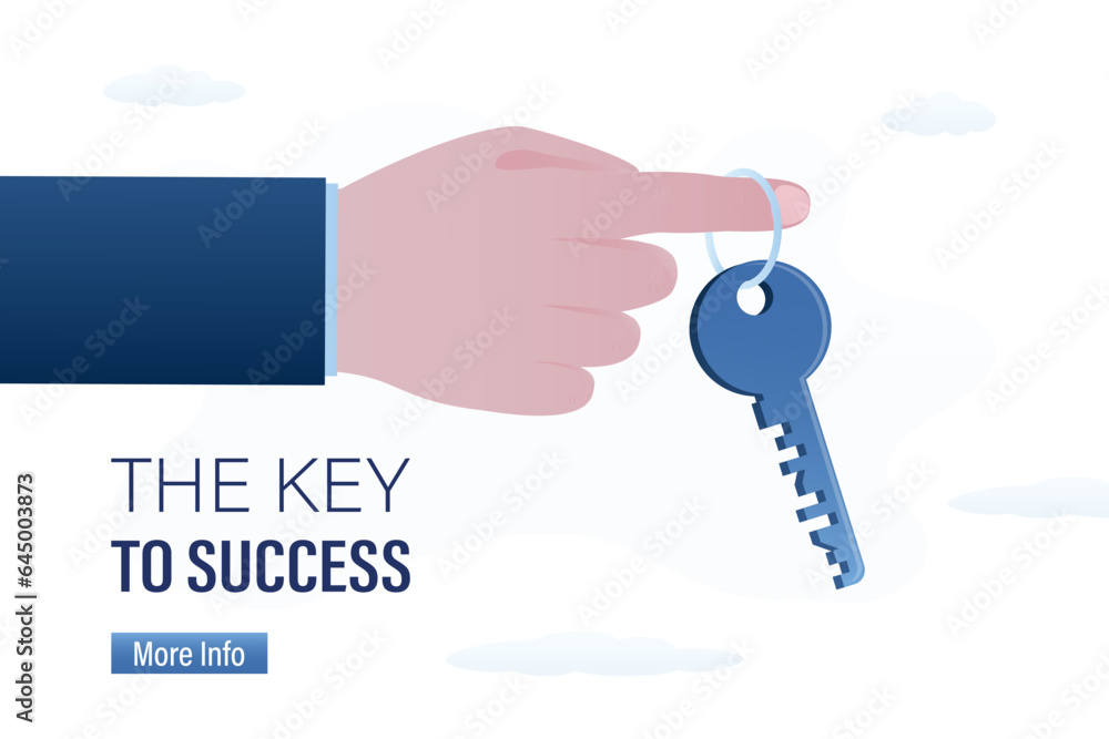 Giant hand holds key to success. Mentorship, helping to achieve success ...