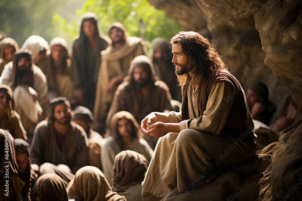 Jesus speaking to the people by parables on the mountain in the midst ...