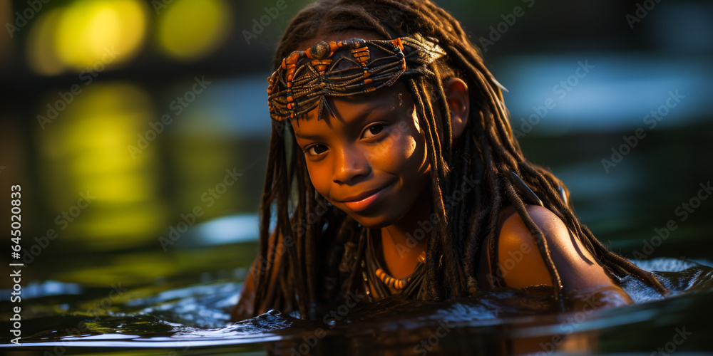 Enthralling image of a radiant young indigenous Amazon girl swimming in ...