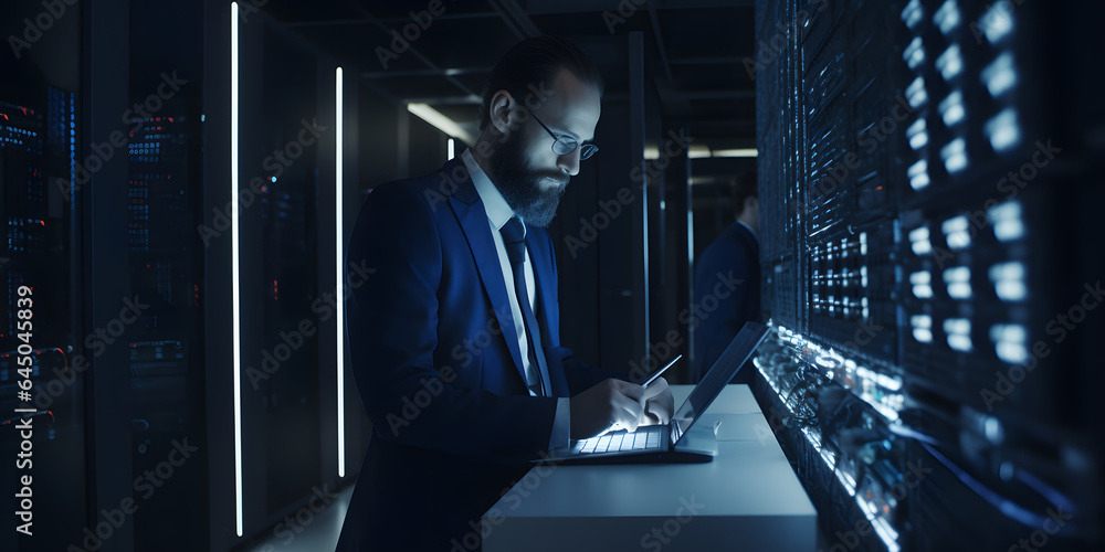 Man IT Engineers repairs technical problem and adjusts server room with ...