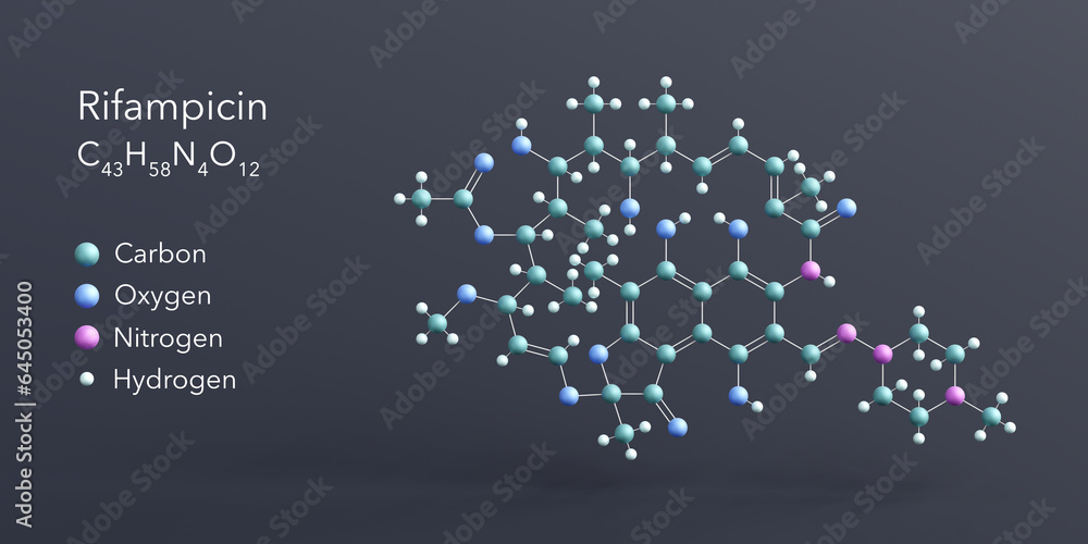 rifampicin molecule 3d rendering, flat molecular structure with ...