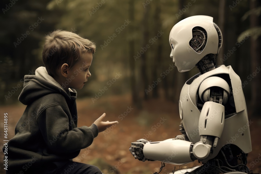 Futuristic Family: kids with Robots and a screens. Stock Photo | Adobe ...