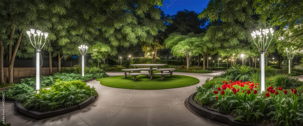 Horizontal anamorphic display night garden park environment ...