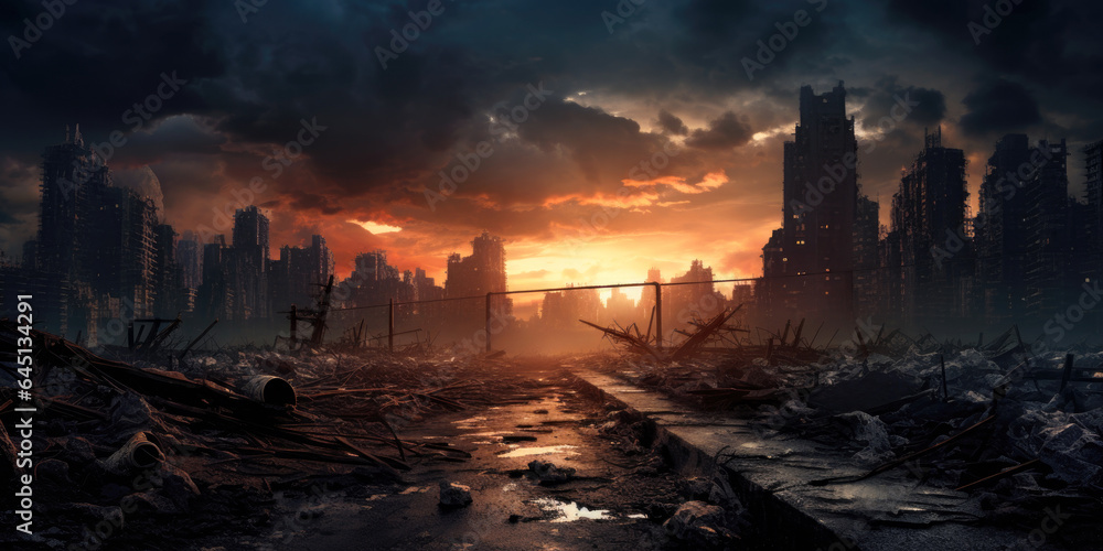 Apocalyptic landscape with rubble and ruins, post apocalypse city at ...