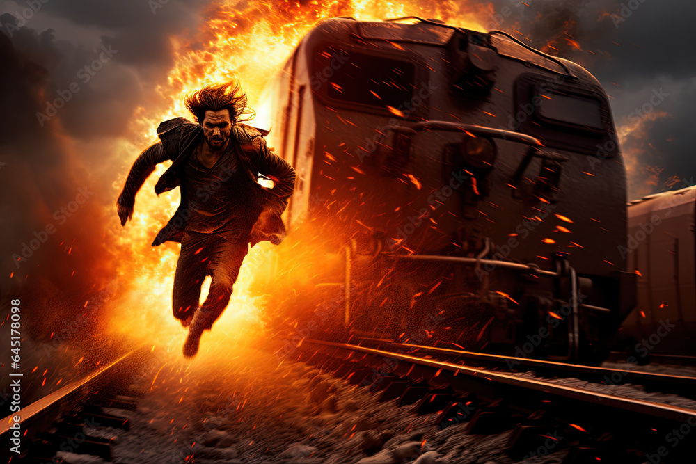 Action shot with man jumping off the train. Dynamic scene with railway ...