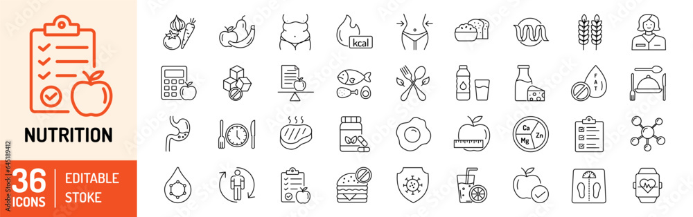Nutrition editable stroke outline Icons set. Vitamins, calories ...