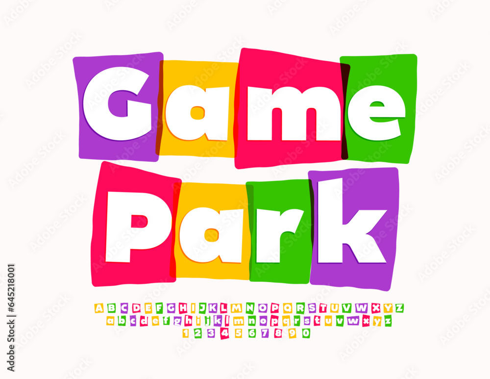 Vector creative sign Game Park with watercolor block Font. Set of ...