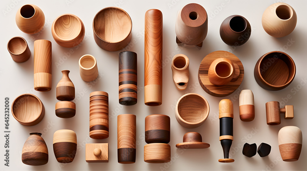 A collection of small smooth turned wooden objects of different colours ...