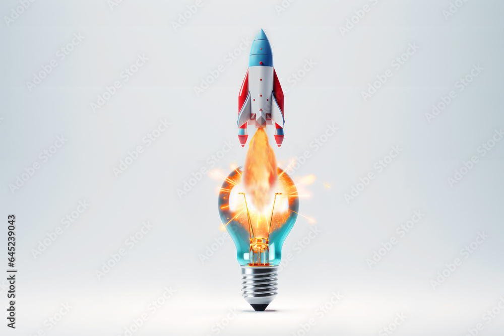A rocket launches from a light bulb. Cartoon rocket awakens and grows ...