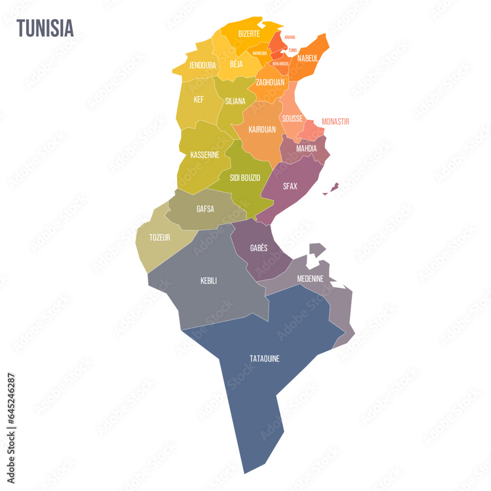 Tunisia political map of administrative divisions - governorates ...