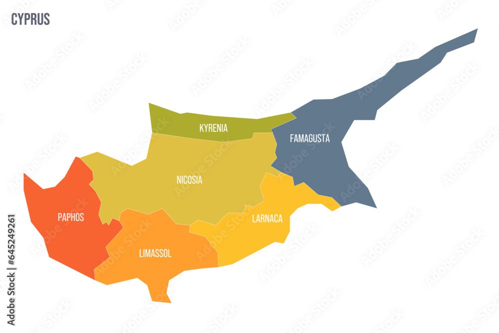 Cyprus political map of administrative divisions - districts. Colorful spectrum political map ...
