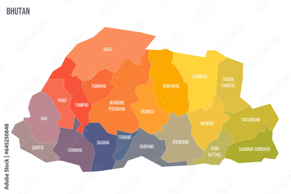 Bhutan political map of administrative divisions - districts. Colorful ...