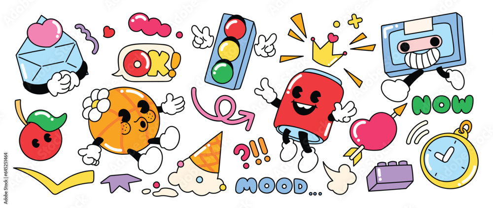 Vector de Stock Set of 70s groovy element vector. Collection of cartoon ...