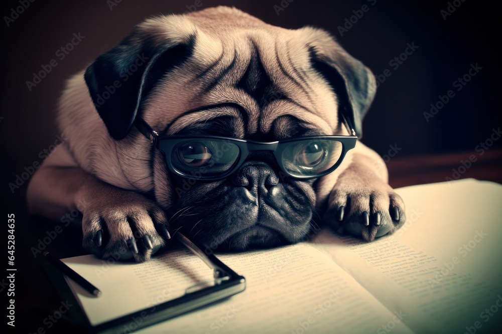 Cute pug with glasses put his muzzle on the notebook with a tired look ...