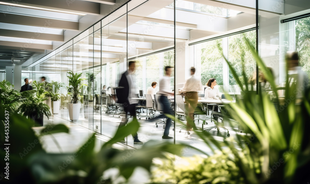 Bright business workplace with people in walking in blurred motion in ...