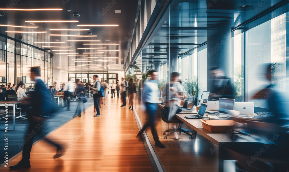 Bright business workplace with people in walking in blurred motion in ...