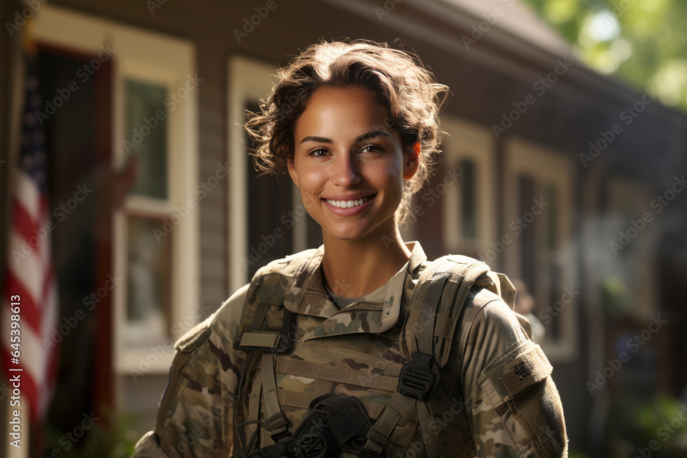 Veterans Day. Young female soldier. Soldier standing outside. Smiling ...