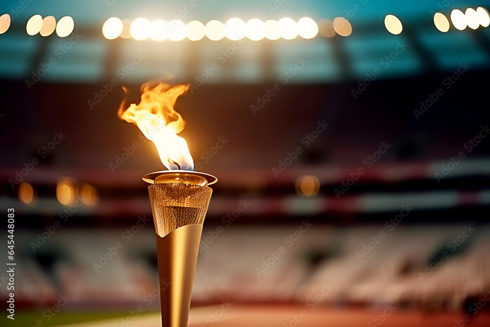 Flame burns in Olympic torch against blurred sports arena Stock Photo ...