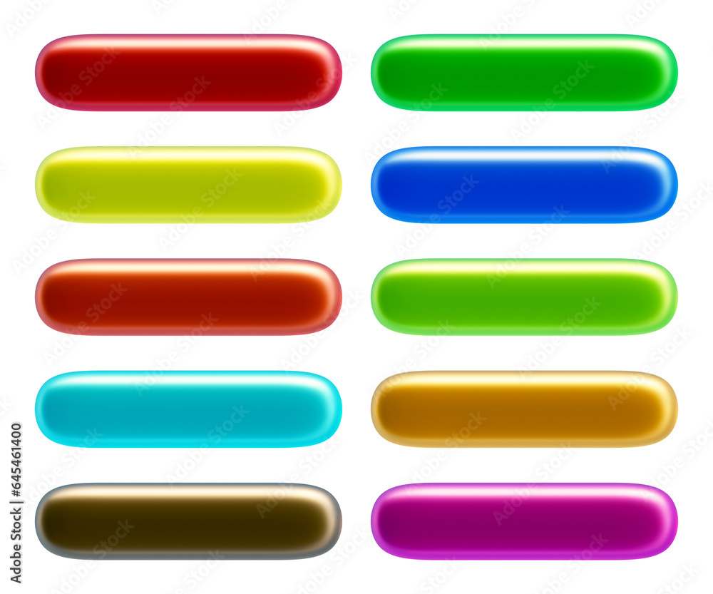 Set of round rectangle shape buttons in 3d rendering isolated on ...