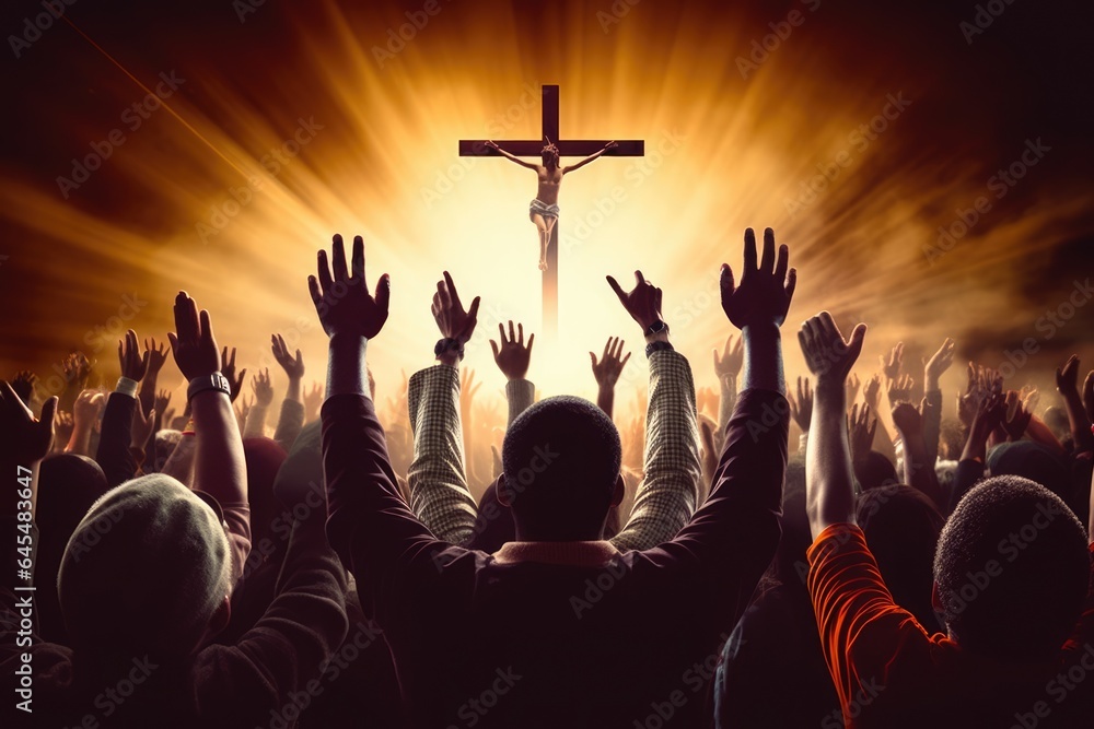 Crowd of people worshiping the cross Stock Illustration | Adobe Stock
