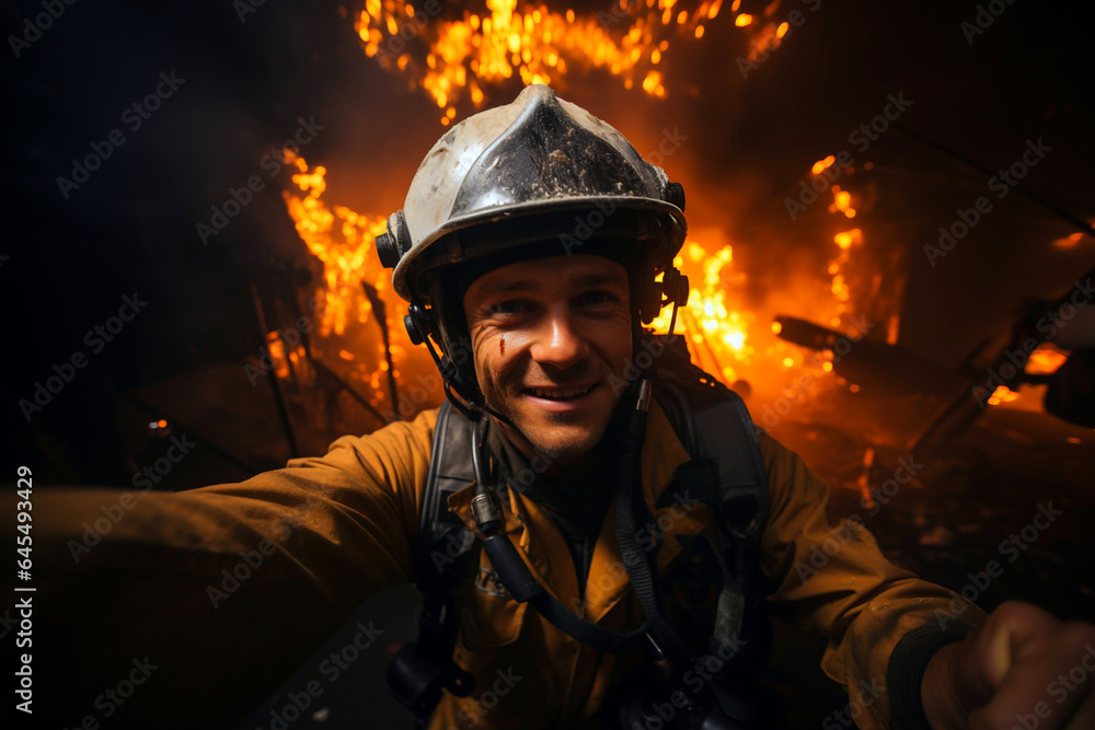 Courageous brave confident firefighter fireman takes selfie from source ...