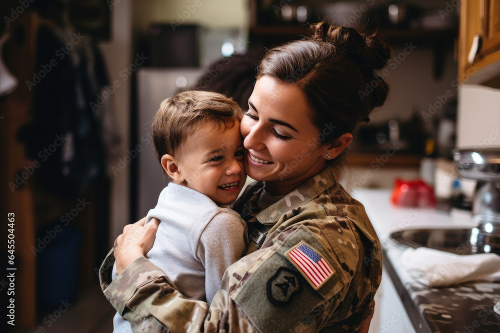 Excited military mom reuniting with her child at home Stock Photo ...