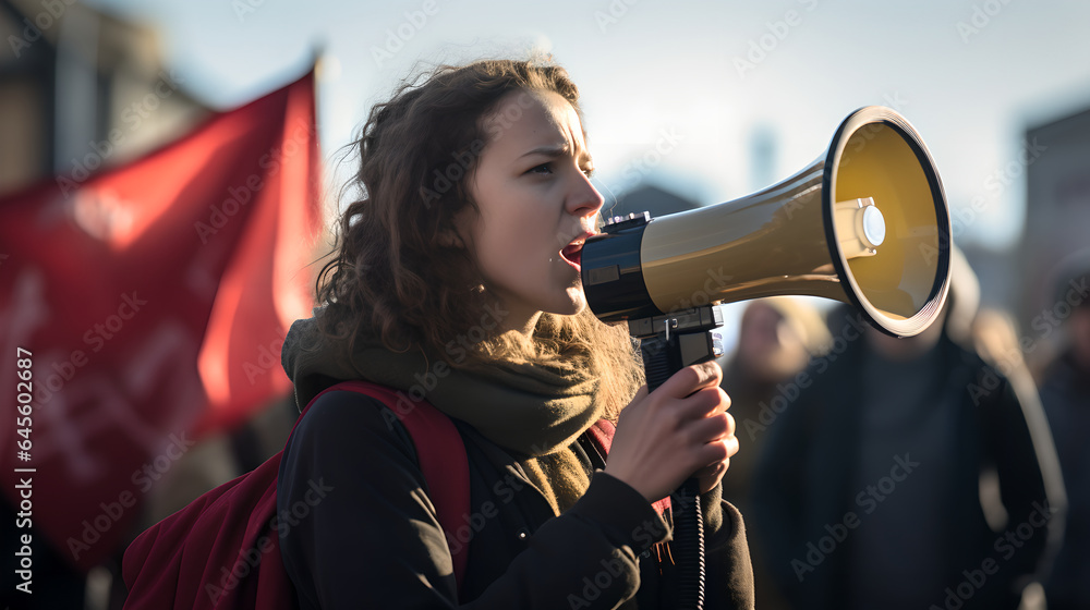 Female activist protesting using megaphone and giving a speech. Young ...
