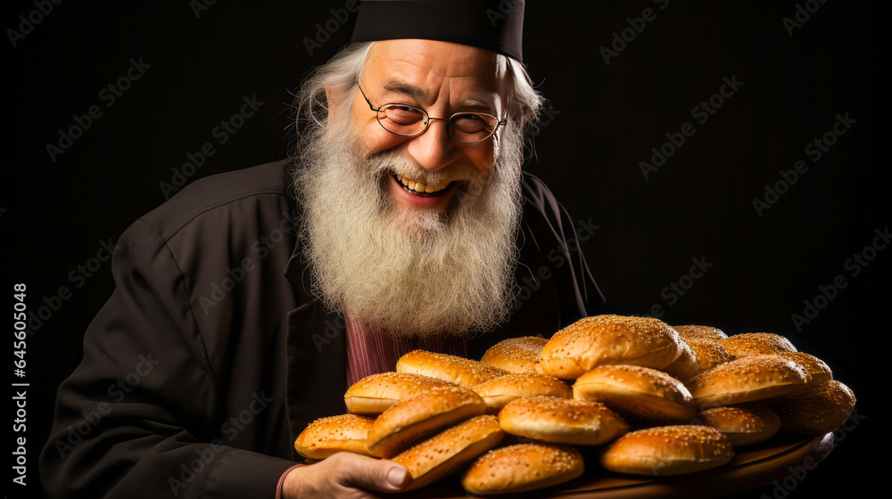 Engaging Rabbi in traditional attire, joyfully offering a plate of ...