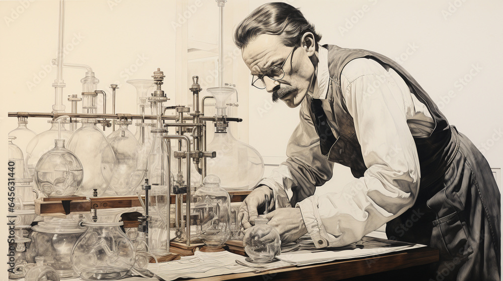 A detailed pencil drawing of a scientist engrossed in laboratory work ...