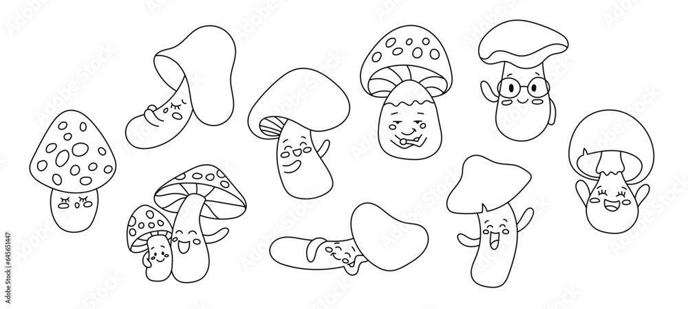 Cute mushrooms characters. Coloring Page. Forest wild fungus in cartoon ...