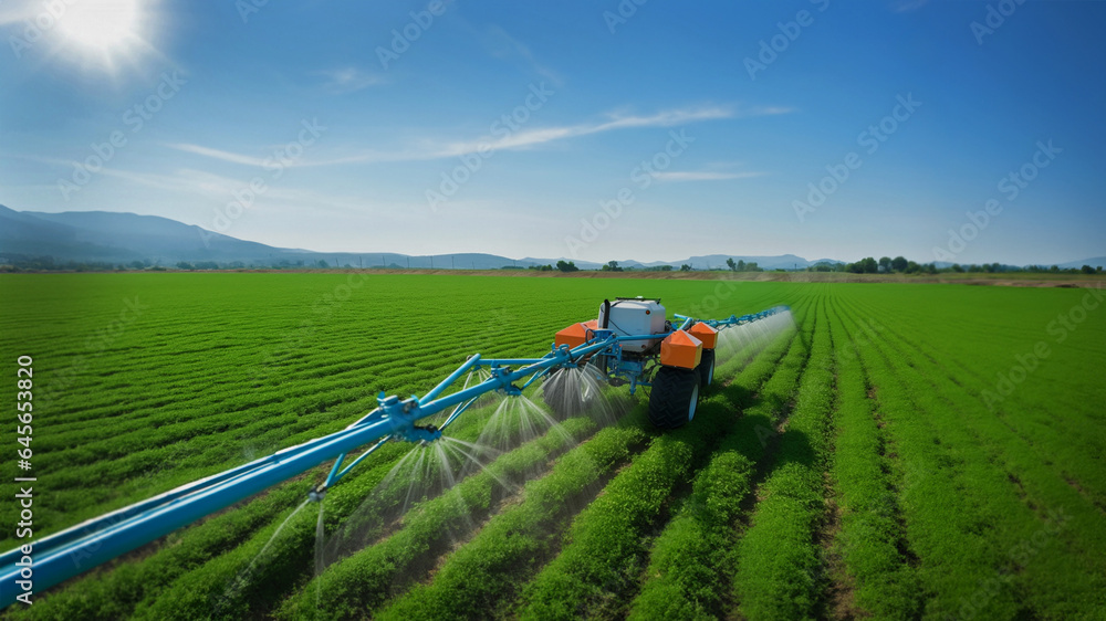 Automated agricultural robot sprinkling water on a vibrant vegetable ...