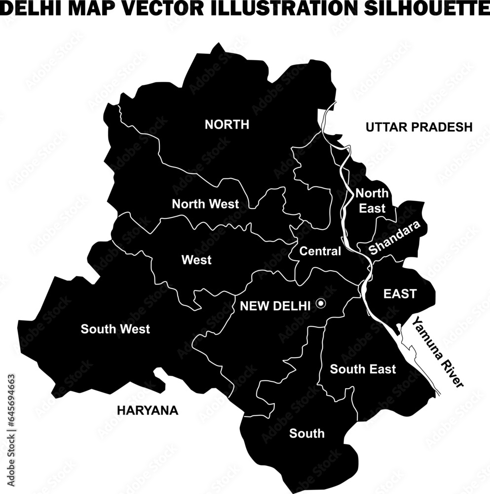 Delhi Map silhouette vector illustration on white background Stock ...