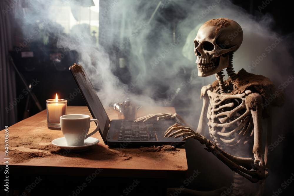 Remains of a skeleton sitting at the computer with coffee steaming on ...