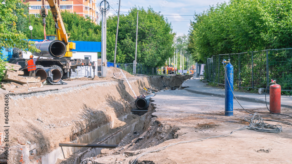 Trench and replacement of an outdated pipeline. Oxygen and propane ...