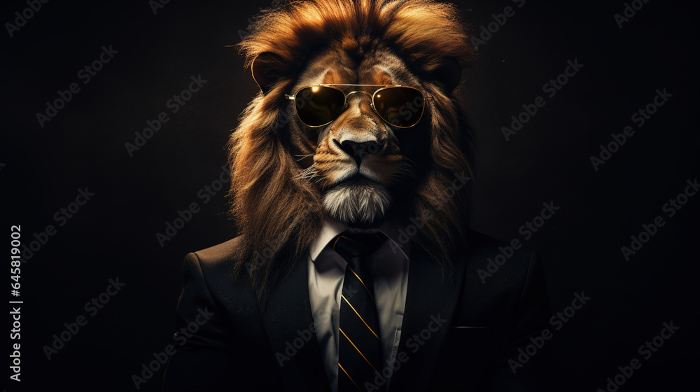 Cool looking lion wearing suit, tie and sunglasses isolated on dark ...