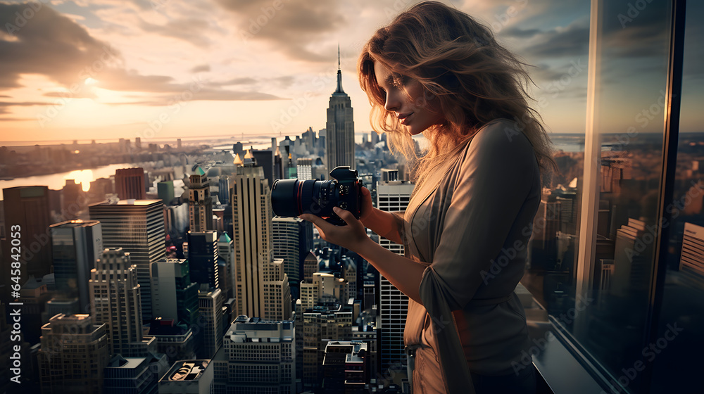 Photoshoot of a skyline with girl in old building having a huge camera ...