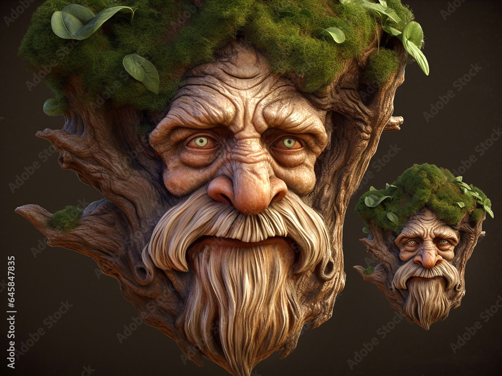 magical living huge tree with the face of an elderly person or a gnome ...