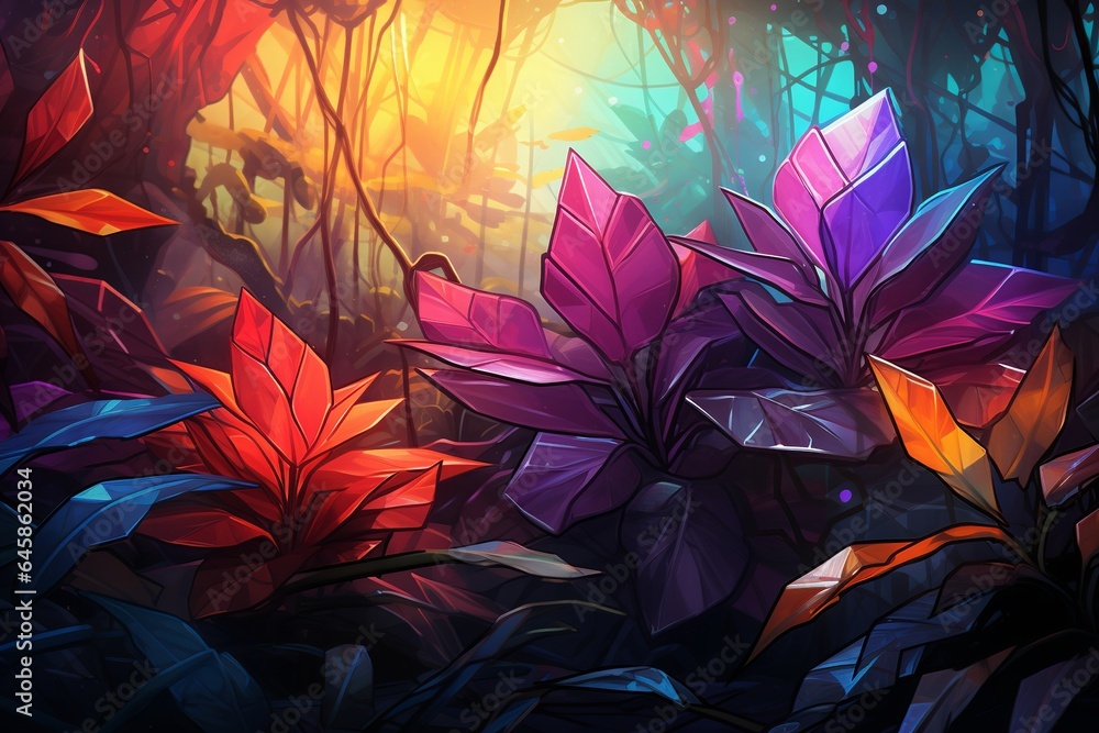Neon Rainforest Rhythms in The Jungle in The Style of Low Poly Art ...