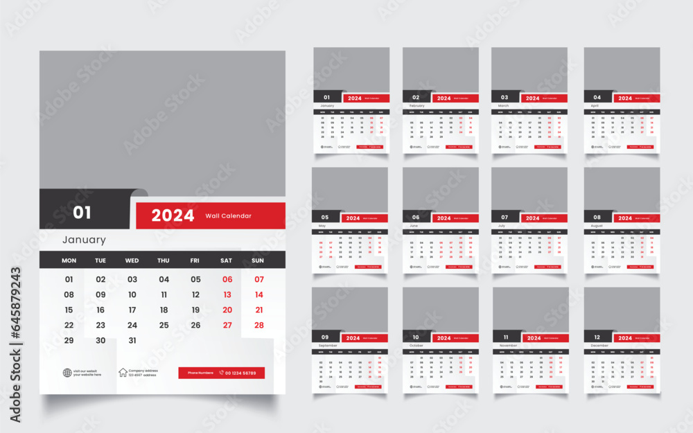 Monthly Wall calendar template for 2024 year. Week Starts on Sunday ...