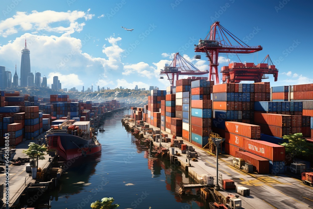 world of shipping transports. Depict a bustling port with cargo ships ...