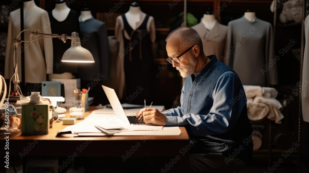 Senior Tailor, Elderly fashion designer picking sewing materials and ...