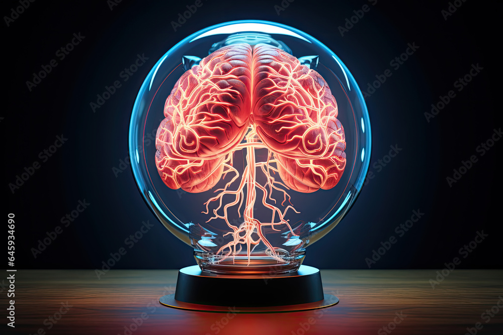Realistic brain under a glass dome, 3D realistic human brain on a ...