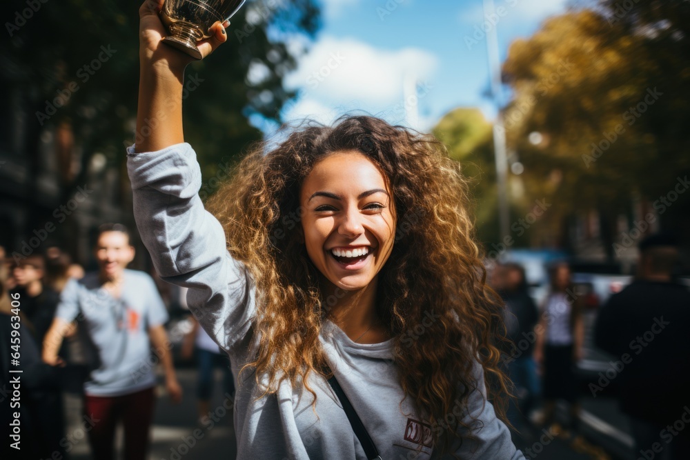 Cheerful students hand over award-winning trophies which is a symbol of ...