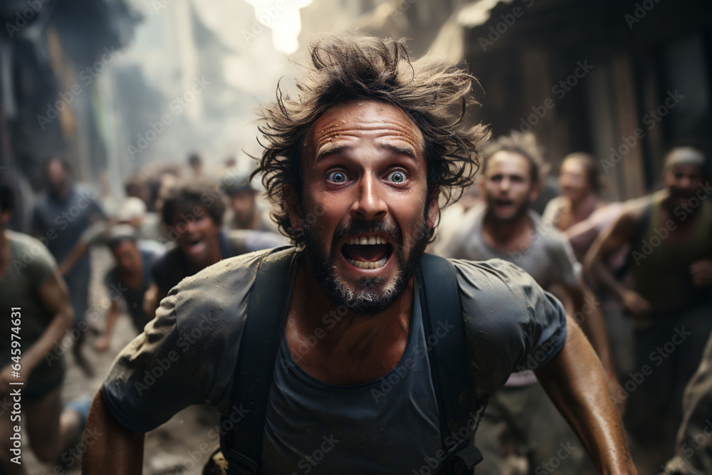 Frightened people running from earthquake with an expression of ...