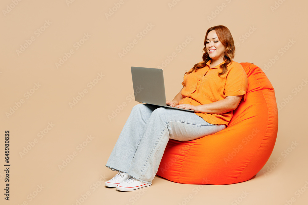 Full body IT young ginger chubby overweight woman wear orange shirt ...
