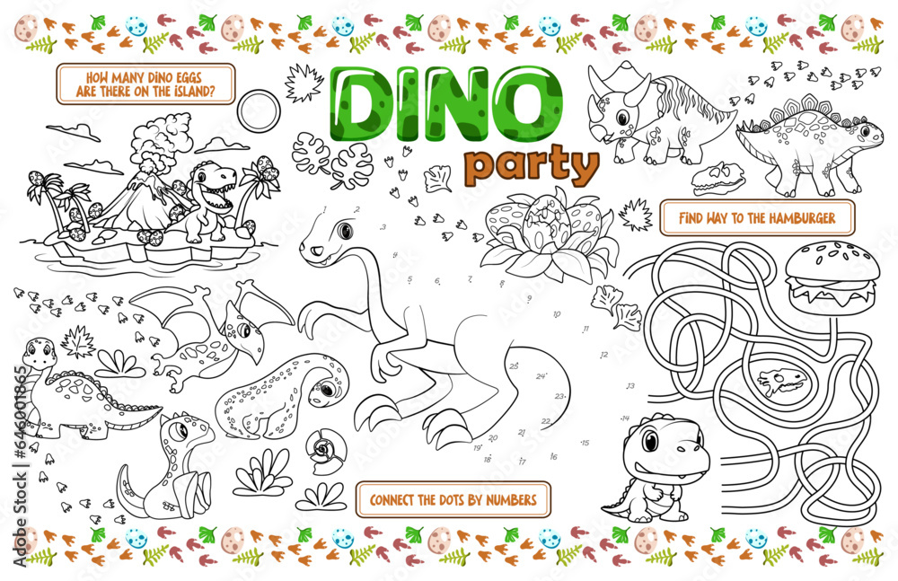 Festive placemat for children. Dino Party Printable activity sheet with ...