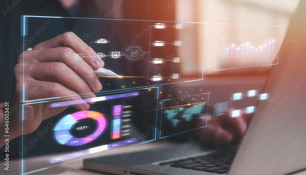 Analyst working with Business, Analytics and Data Management System on computer, make a report ...